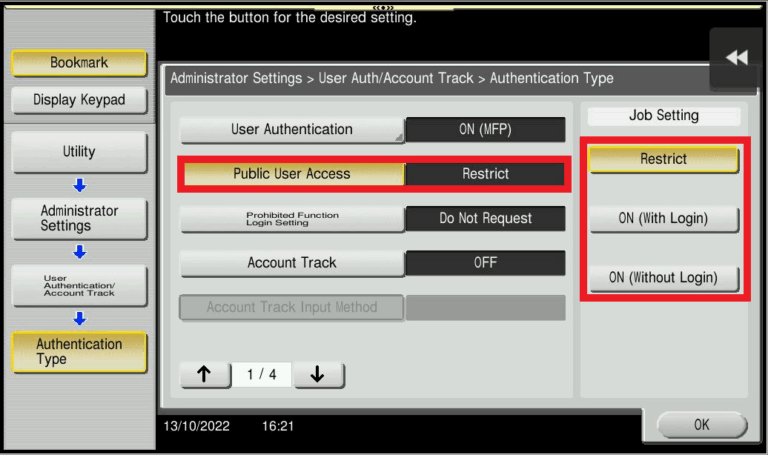 How to enable User Authentication on the machine - Konica Minolta+ Assist