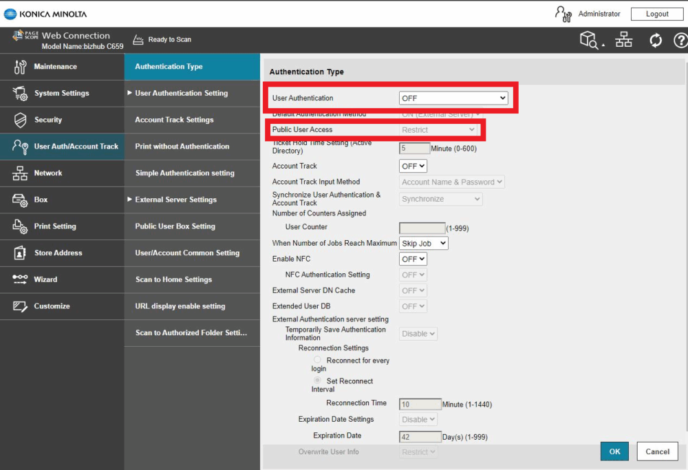 How to enable User Authentication on the machine - Konica Minolta+ Assist