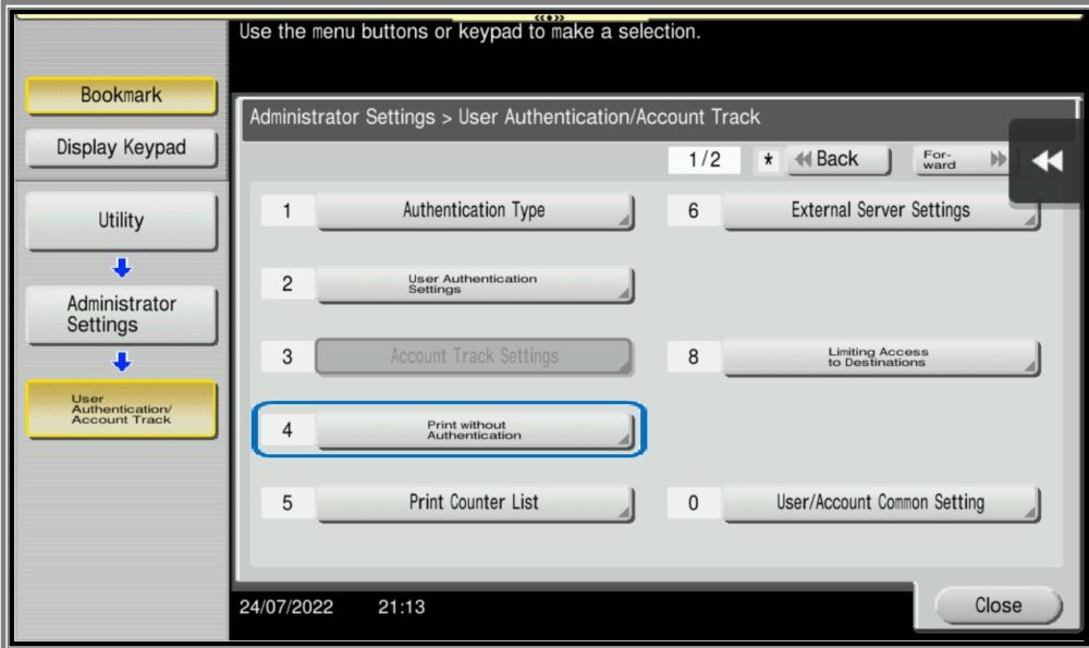 Setup Print without Authentication - Konica Minolta+ Assist